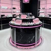 China Pink LED Illuminated Wooden Cosmetic Display Shelf  Custom Beauty Shop Showcase, Skincare Wall Cabinet for sale