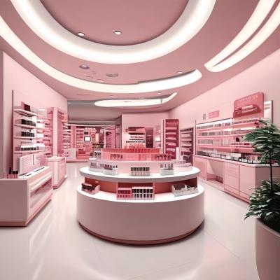 China Premium Pink Custom Makeup Store Showcase - LED-lit Wooden Cosmetic Shelves, Salon Display Cabinet for sale