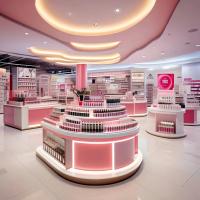 China Premium Pink Custom Makeup Store Showcase - LED-lit Wooden Cosmetic Shelves, Salon Display Cabinet for sale