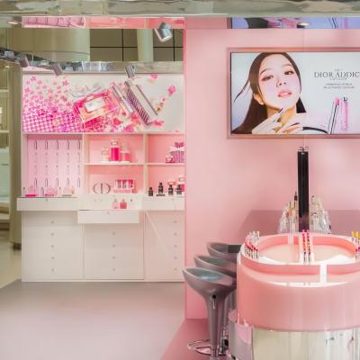 China Pastel Pink Makeup Display Kiosk, Custom Design for Beauty Salon & Shopping Mall for sale