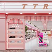 China BX  Romantic Pink Makeup Kiosk, High-Quality Wood Display Stand for Cosmetic Store for sale
