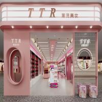 China BX  Romantic Pink Makeup Kiosk, High-Quality Wood Display Stand for Cosmetic Store for sale