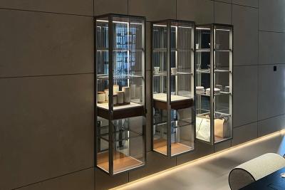 China Floating Plywood Wall Showcase Dark Gunmetal Frame For Tea Ware 800mm for sale