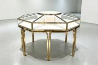 China Octagonal  Jewelry Counter Brushed Gold Curved Arch  Jewelry Floor Display Stands for sale