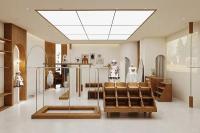 China Custom Children Clothing Store Display Furniture with Soft Cream Wood Unified Tone and Kid-Friendly Minimal Aesthetic Modular Detachable Structure for sale