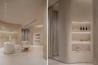 China Wabi Sabi Minimalist Women Clothing Store Interior Design with Natural Travertine Curved Wall and Multi-functional Zoning Layout for sale