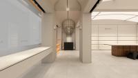 China ream Arch Minimal Women Clothing Store Interior Design | Warm Neutral Ladies Garment Full Shop Layout for sale