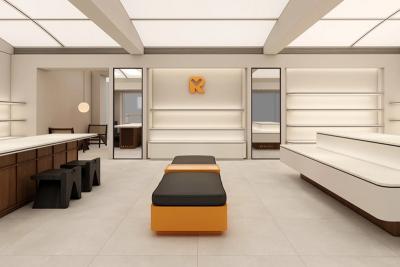 China ream Arch Minimal Women Clothing Store Interior Design | Warm Neutral Ladies Garment Full Shop Layout for sale