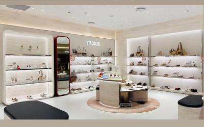 China Light Neutral Matte Luxury Women Leather Shoe & Handbag Store Interior Design | Ladies Leather Goods Boutique Full Shop Layout for sale