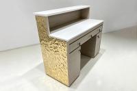 China Luxury Water Ripple Gold Metal Reception Counter With Multi-Lock Storage & Custom Backlit Logo Panel for sale