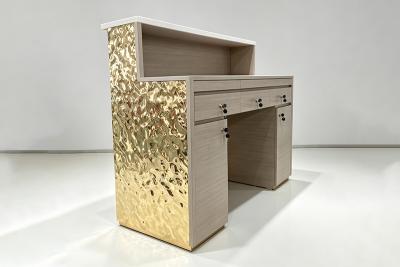 China Luxury Water Ripple Gold Metal Reception Counter With Multi-Lock Storage & Custom Backlit Logo Panel for sale