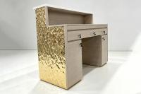China Luxury Water Ripple Gold Metal Reception Counter With Multi-Lock Storage & Custom Backlit Logo Panel for sale
