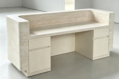 China Custom Full Travertine Reception Desk, Rounded Curved Edge, Lockable Drawers And Cabinets For Commercial Shop for sale