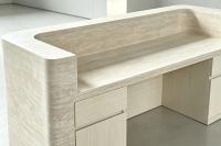 China Custom Full Travertine Reception Desk, Rounded Curved Edge, Lockable Drawers And Cabinets For Commercial Shop for sale