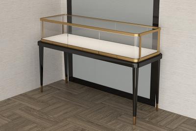 China Light Luxury Long Wall Jewelry Display Table, Gold Frame Glass Jewelry Showcase, Slim Leg Standing Vitrine For Necklace, Watch & Luxury Jewelry for sale