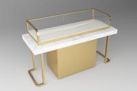 China Modern Marble Top Jewelry Display Table with Gold Frame Glass Showcase and White Leather Liner for sale
