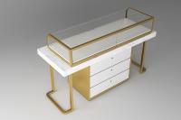 China Modern Marble Top Jewelry Display Table with Gold Frame Glass Showcase and White Leather Liner for sale