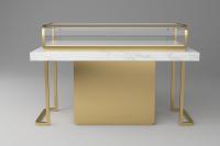 China Modern Marble Top Jewelry Display Table with Gold Frame Glass Showcase and White Leather Liner for sale