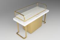 China Modern Marble Top Jewelry Display Table with Gold Frame Glass Showcase and White Leather Liner for sale