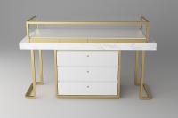 China Modern Marble Top Jewelry Display Table with Gold Frame Glass Showcase and White Leather Liner for sale