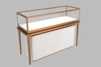 China Modern Jewelry Display Table with Bronze Metal Frame Built-in LED Light and Lockable Storage Glass Vitrine for sale