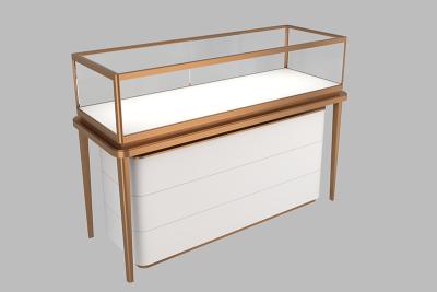 China Modern Jewelry Display Table with Bronze Metal Frame Built-in LED Light and Lockable Storage Glass Vitrine for sale