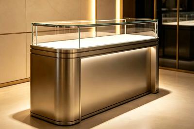 China Custom Curved Tempered Glass Stainless Steel Jewelry Display Counter with Lockable Storage for Luxury Jewelry Stores for sale