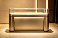 China Custom Curved Tempered Glass Stainless Steel Jewelry Display Counter with Lockable Storage for Luxury Jewelry Stores for sale