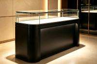 China Custom Curved Tempered Glass Stainless Steel Jewelry Display Counter with Lockable Storage for Luxury Jewelry Stores for sale