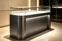 China Custom Curved Tempered Glass Stainless Steel Jewelry Display Counter with Lockable Storage for Luxury Jewelry Stores for sale