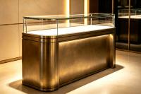 China Custom Curved Tempered Glass Stainless Steel Jewelry Display Counter with Lockable Storage for Luxury Jewelry Stores for sale