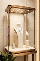 China Tall Pedestal Jewelry Display Cabinet with Four-sided Transparent Glass Stainless Steel Frame and LED Lighting System for sale