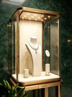 China Tall Pedestal Jewelry Display Cabinet with Four-sided Transparent Glass Stainless Steel Frame and LED Lighting System for sale