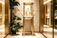 China Tall Pedestal Jewelry Display Cabinet with Four-sided Transparent Glass Stainless Steel Frame and LED Lighting System for sale