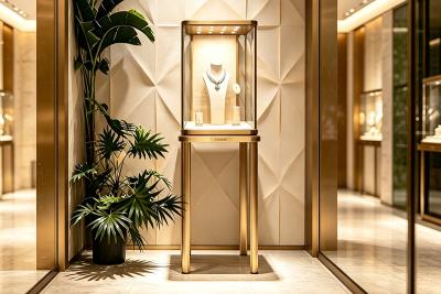 China Tall Pedestal Jewelry Display Cabinet with Four-sided Transparent Glass Stainless Steel Frame and LED Lighting System for sale