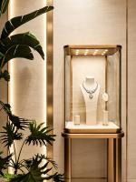 China Tall Pedestal Jewelry Display Cabinet with Four-sided Transparent Glass Stainless Steel Frame and LED Lighting System for sale
