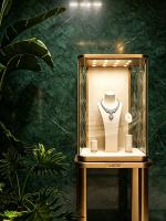 China Tall Pedestal Jewelry Display Cabinet with Four-sided Transparent Glass Stainless Steel Frame and LED Lighting System for sale
