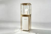 China Freestanding Square Jewelry Display Cabinet with Four-sided Transparent Glass, Built-in Top LED Lighting, and Custom Brand Logo Printing for sale