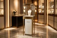 China Freestanding Square Jewelry Display Cabinet with Four-sided Transparent Glass, Built-in Top LED Lighting, and Custom Brand Logo Printing for sale