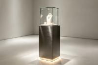 China Custom Square Jewelry Display Cabinet with Ultra Clear Tempered Glass and Brushed Stainless Steel Pedestal Featuring Hidden LED Light Strip for sale