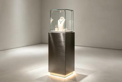 China Custom Square Jewelry Display Cabinet with Ultra Clear Tempered Glass and Brushed Stainless Steel Pedestal Featuring Hidden LED Light Strip for sale