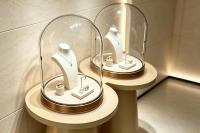 China Dome Glass Jewelry Display Showcase with 360° Unobstructed Viewing LED Spotlights and Lockable Storage for sale