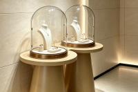 China Dome Glass Jewelry Display Showcase with 360° Unobstructed Viewing LED Spotlights and Lockable Storage for sale