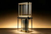 China Vintage Luxury Jewelry Pedestal Showcase with Fluted Glass Base and Four-Sided Transparent Glass Featuring Top-Mounted LED Spotlights for sale