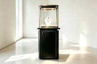 China Rounded-Corner Gold Trim Jewelry Pedestal Showcase with Lockable Storage Cabinet and LED Spotlights for sale