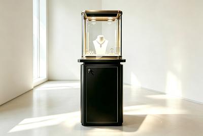 China Rounded-Corner Gold Trim Jewelry Pedestal Showcase with Lockable Storage Cabinet and LED Spotlights for sale