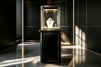China Rounded-Corner Gold Trim Jewelry Pedestal Showcase with Lockable Storage Cabinet and LED Spotlights for sale