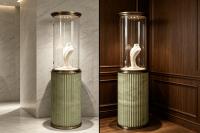 China Tall Cylindrical Glass Jewelry Display Pedestal with Fluted Green Marble Base for 360-Degree Viewing for sale