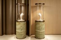 China Tall Cylindrical Glass Jewelry Display Pedestal with Fluted Green Marble Base for 360-Degree Viewing for sale