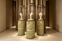 China Tall Cylindrical Glass Jewelry Display Pedestal with Fluted Green Marble Base for 360-Degree Viewing for sale